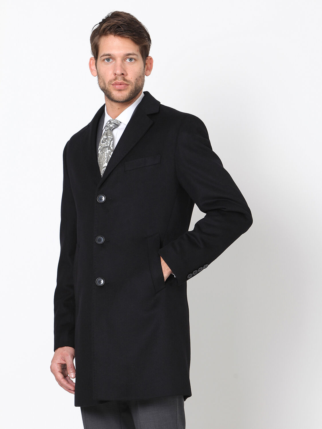 Black Regular Fit Casual Weaving Overcoat