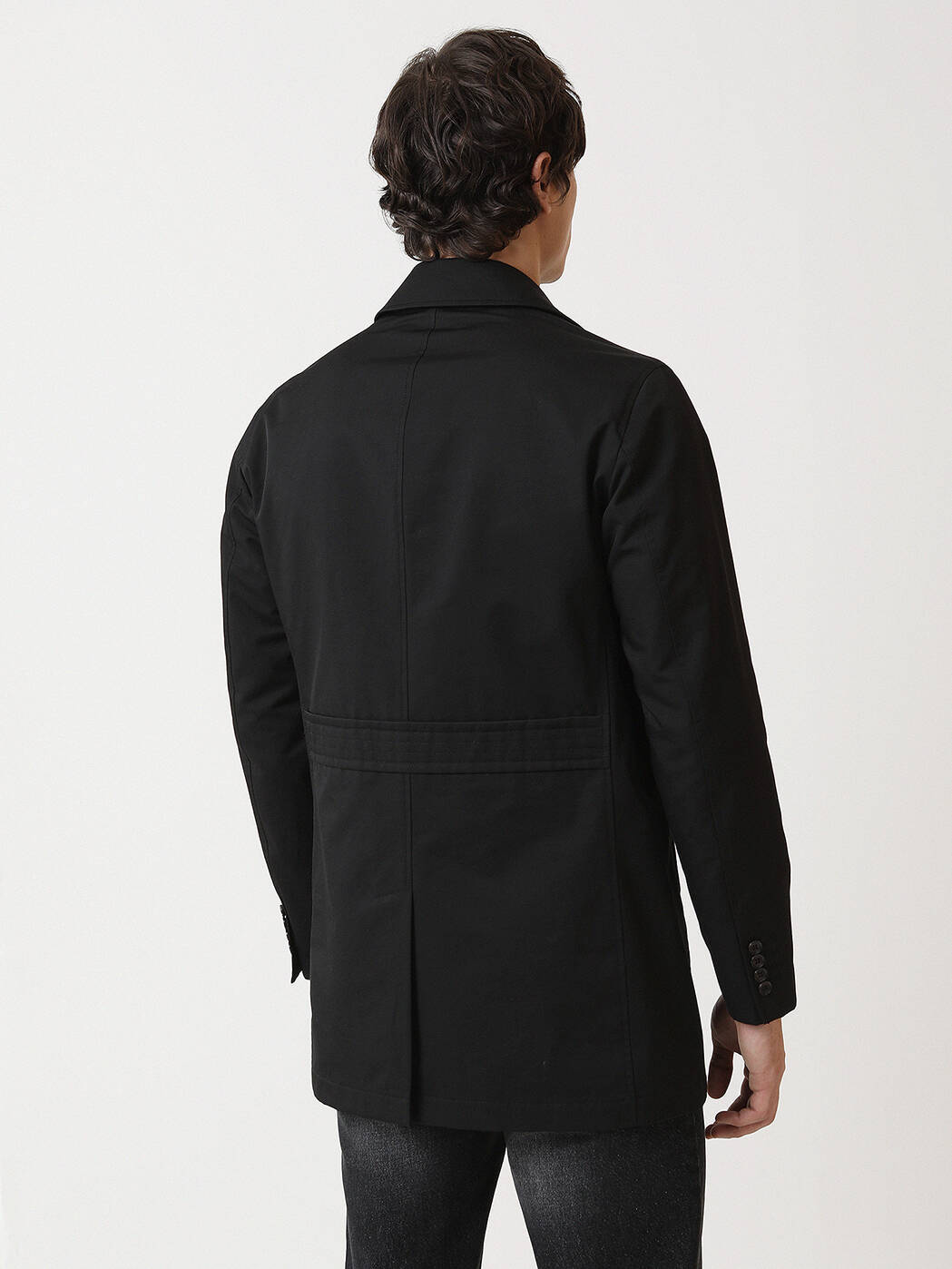 Black Regular Fit Double Breasted Collar Casual Weaving Rain Coat