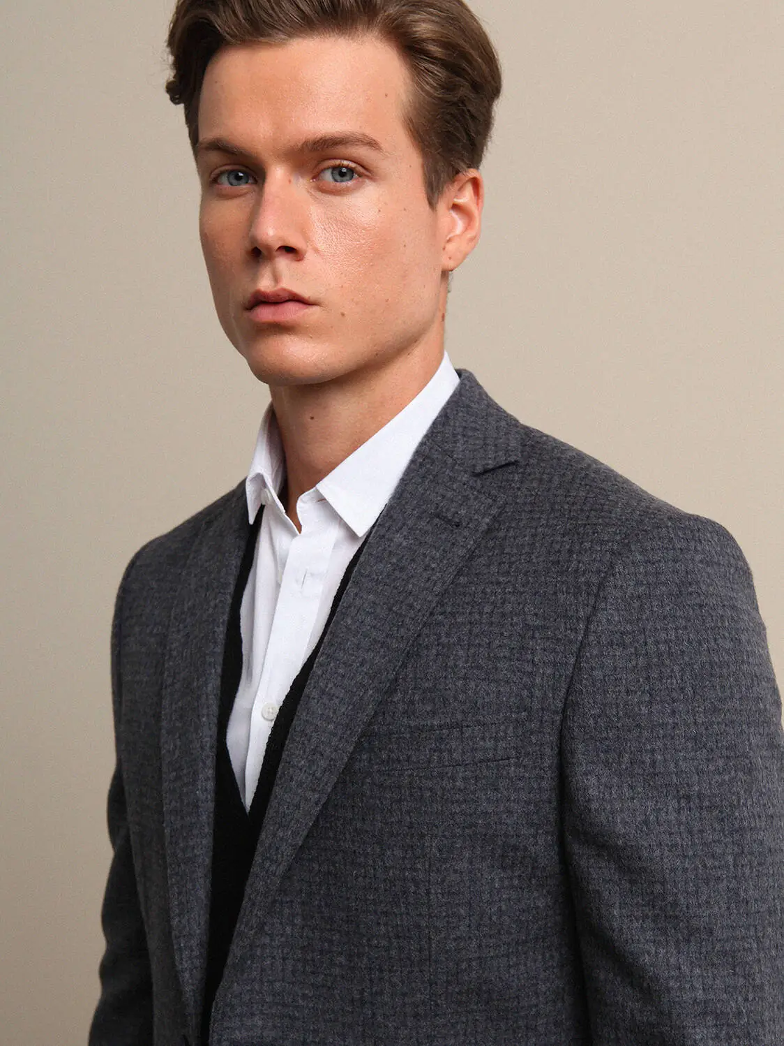 Erkek Gri Kareli Modern Fit Yün Karışımlı Ceket | KİP
