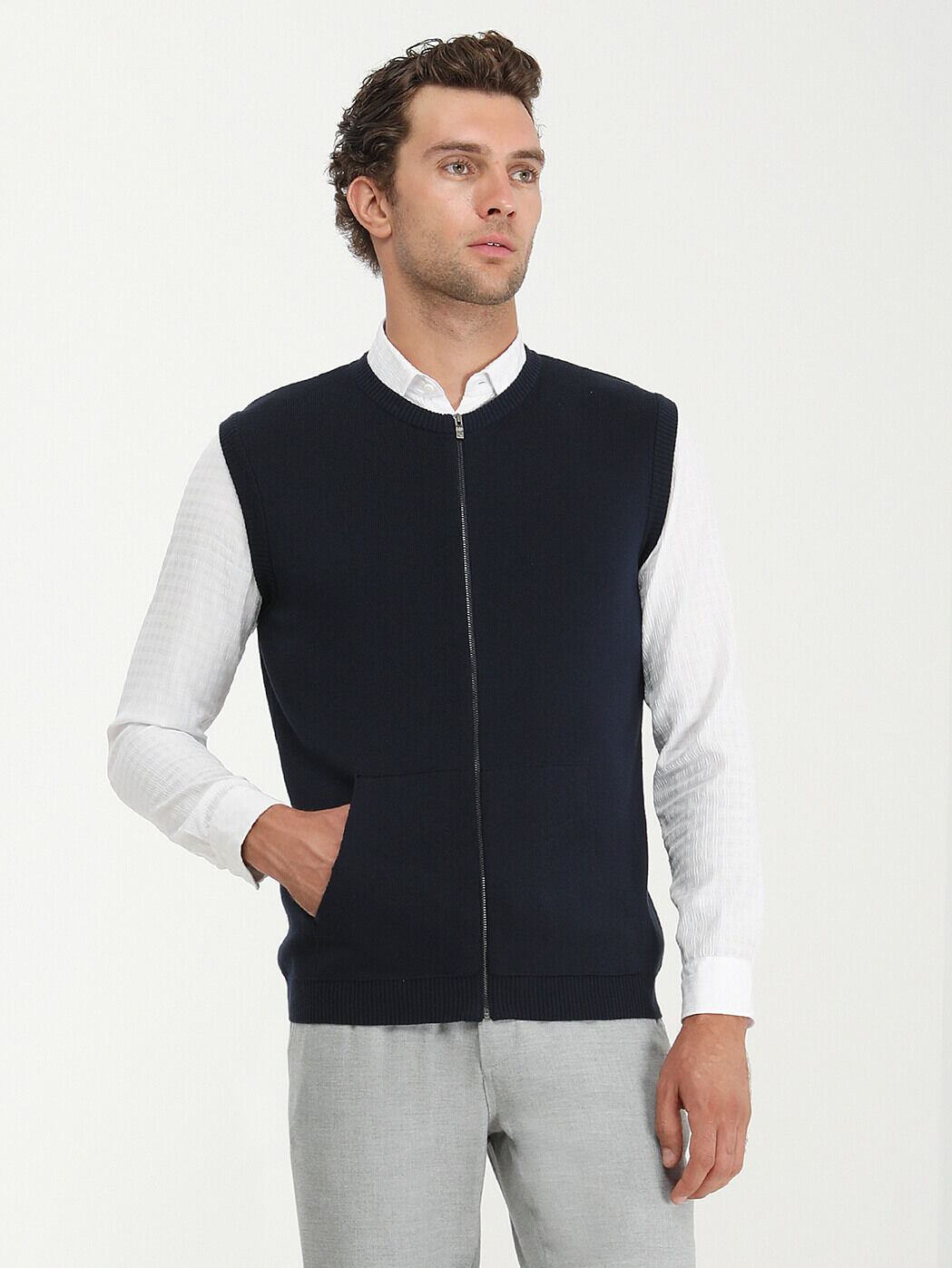 Navy Blue Regular Fit V-Neck Casual Knitting Knit Vest