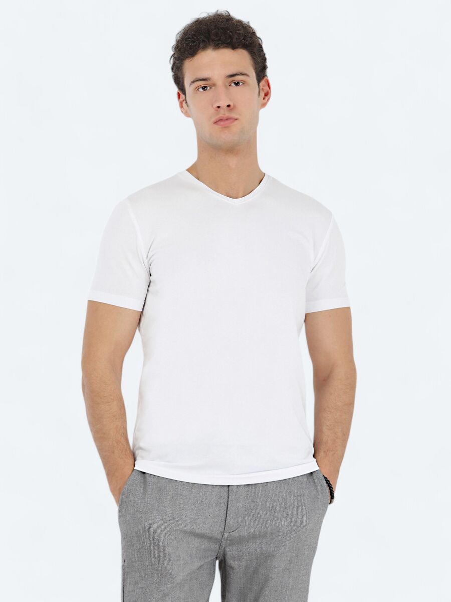 White V-Neck Cotton Blended T-Shirt
